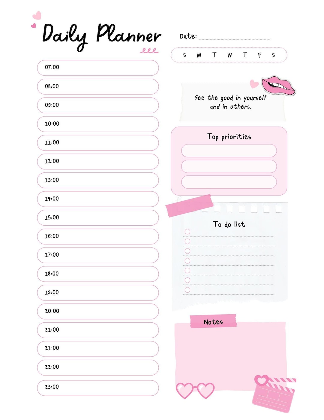 Daily Planner Template | 8.5 X 11 Inches | Pink and White Cute Girlie ...