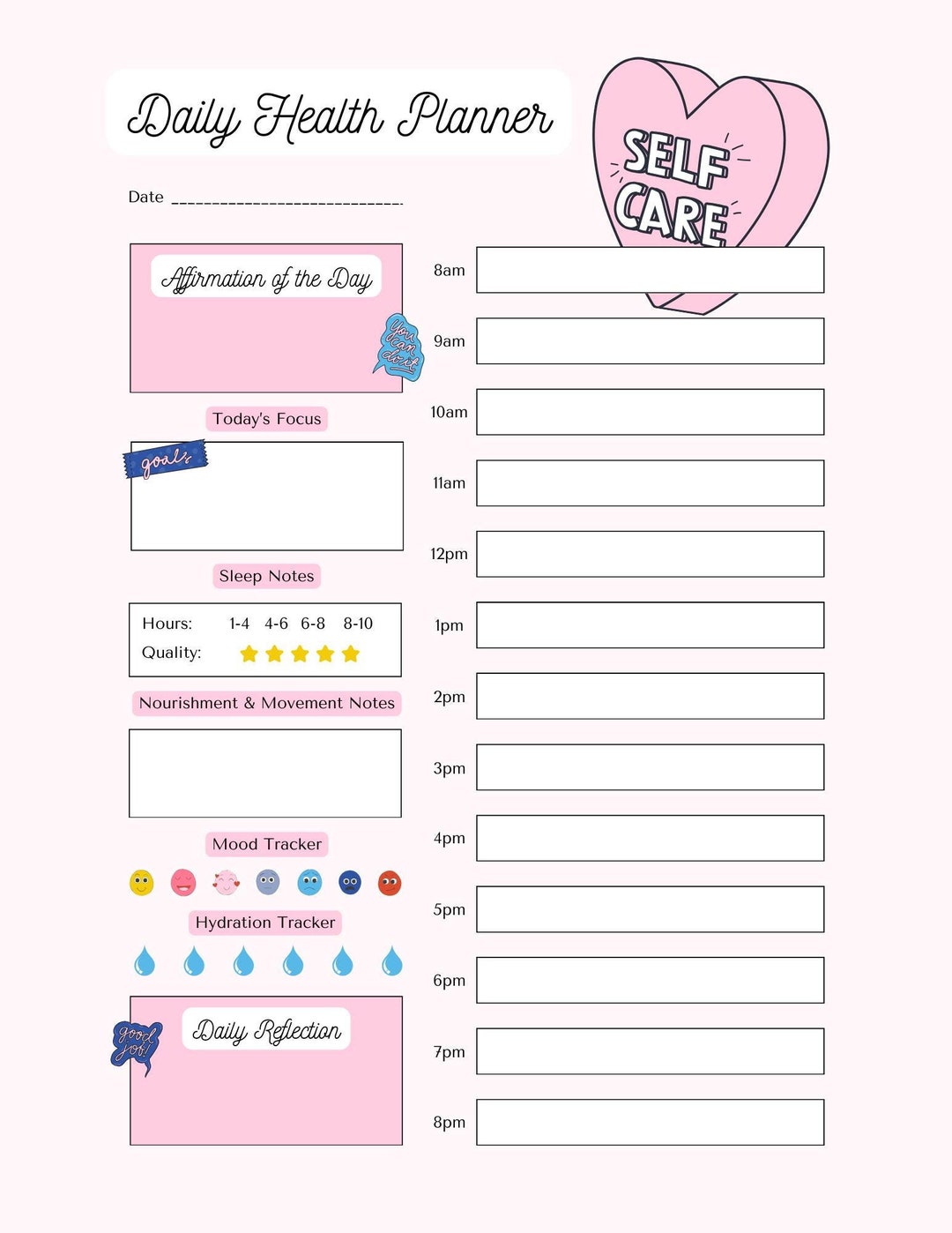 Daily Health Planner: Self Care Journal (printable PDF) - Etsy