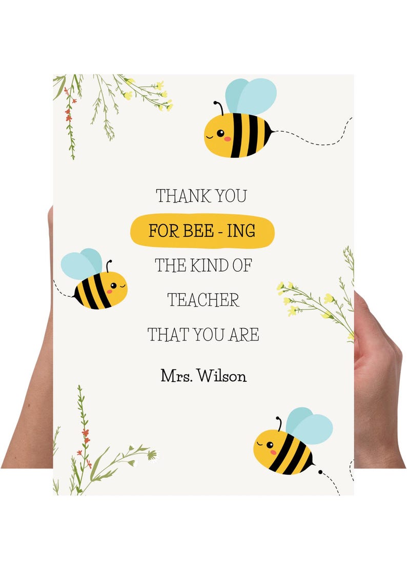 Editable Teacher Appreciation Card Template Personalized Bee Thank You ...