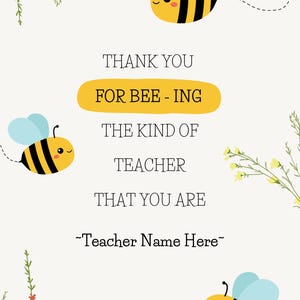 Editable Teacher Appreciation Card Template Personalized Bee Thank You ...