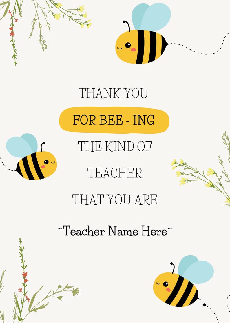 Editable Teacher Appreciation Card Template Personalized Bee Thank You ...