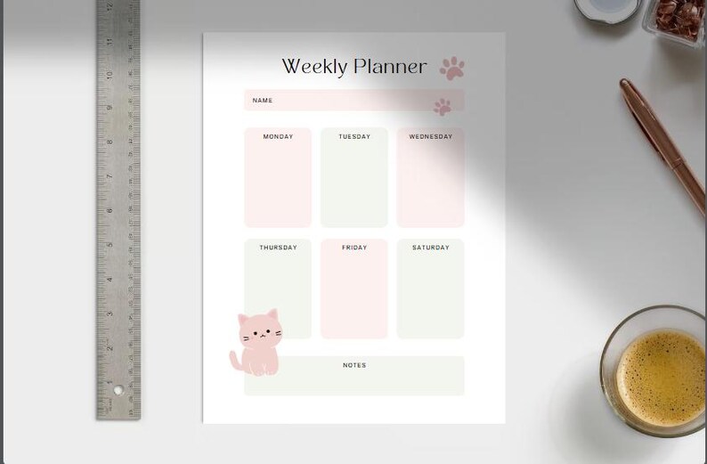 Pink and Mint Pastel Weekly Planner A4 Size Cute Dog Paws and Cat ...
