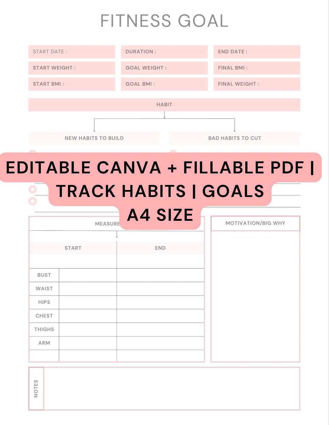 Fitness Goal Planner Printable | Editable Canva + PDF Template | Track ...