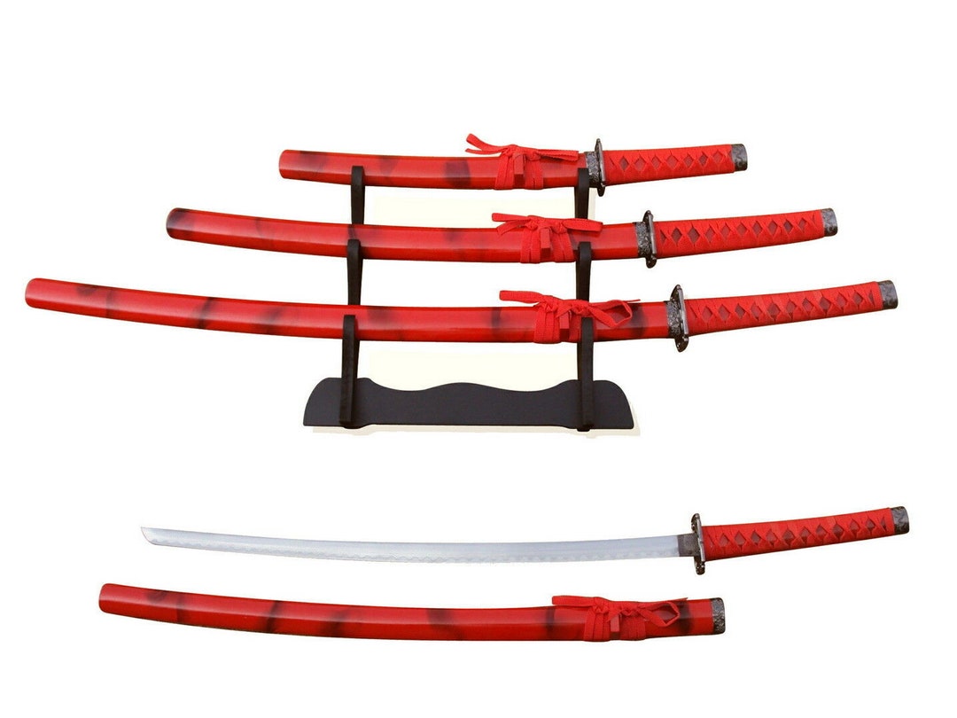 Handmade Japanese Samurai Sword Set W/ Stand 39.5 Katana 30 Wakizashi ...