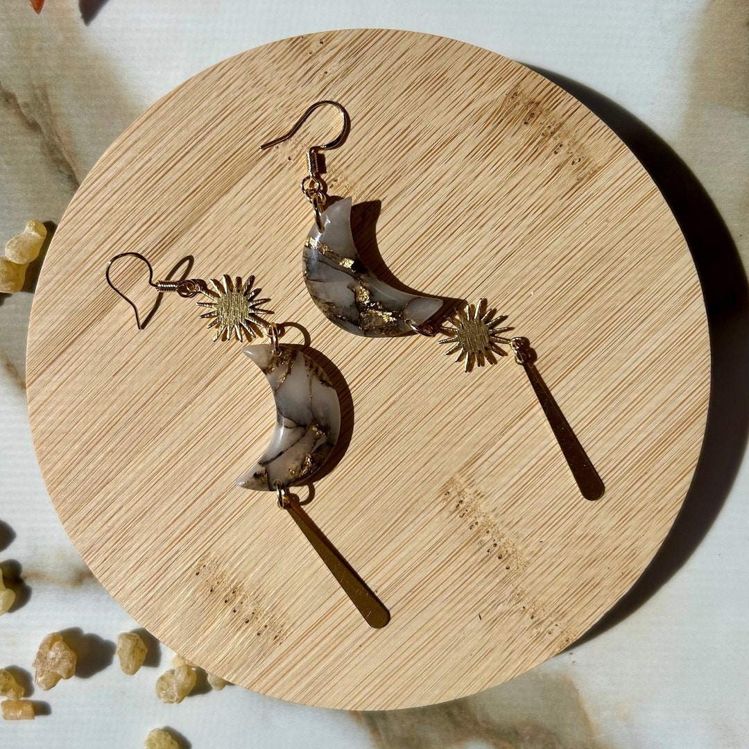 Gold Marble Moons Handmade Polymer Clay Dangles Lightweight Boho ...