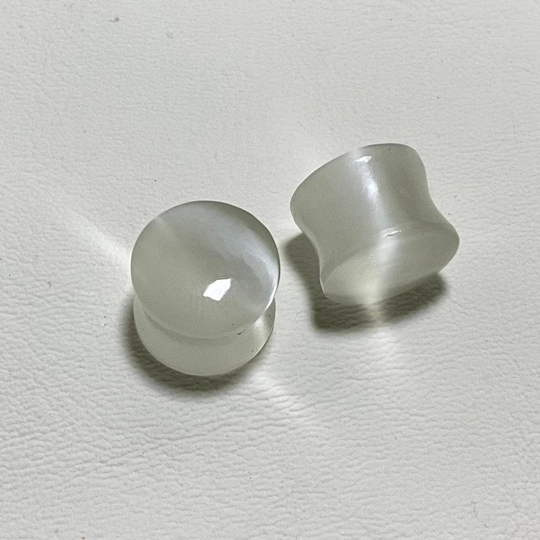 Pair of White Cats Eye Plugs Smooth Polished Handwork, Organic Stone ...