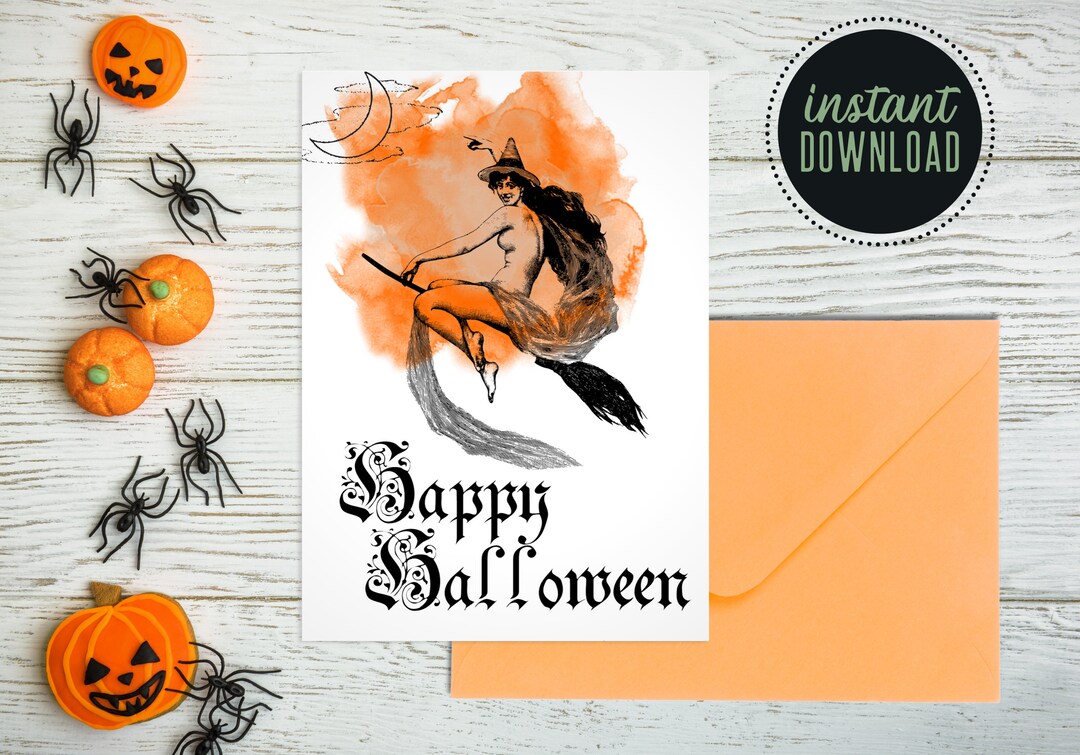 Printable Halloween Card, Vintage Witch Halloween Greeting Card ...