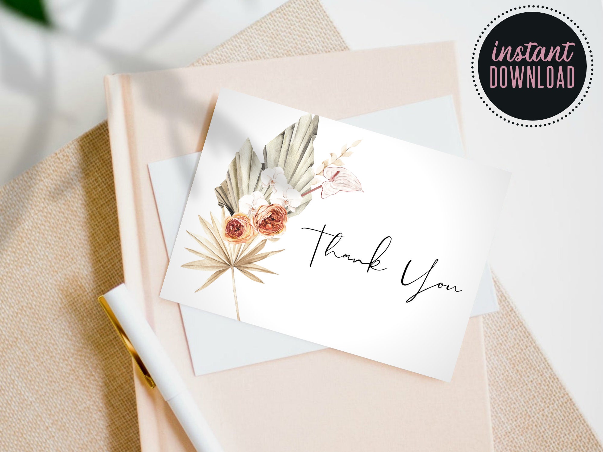 Printable Blush Boho Thank You Card Greeting Card Vintage | Etsy