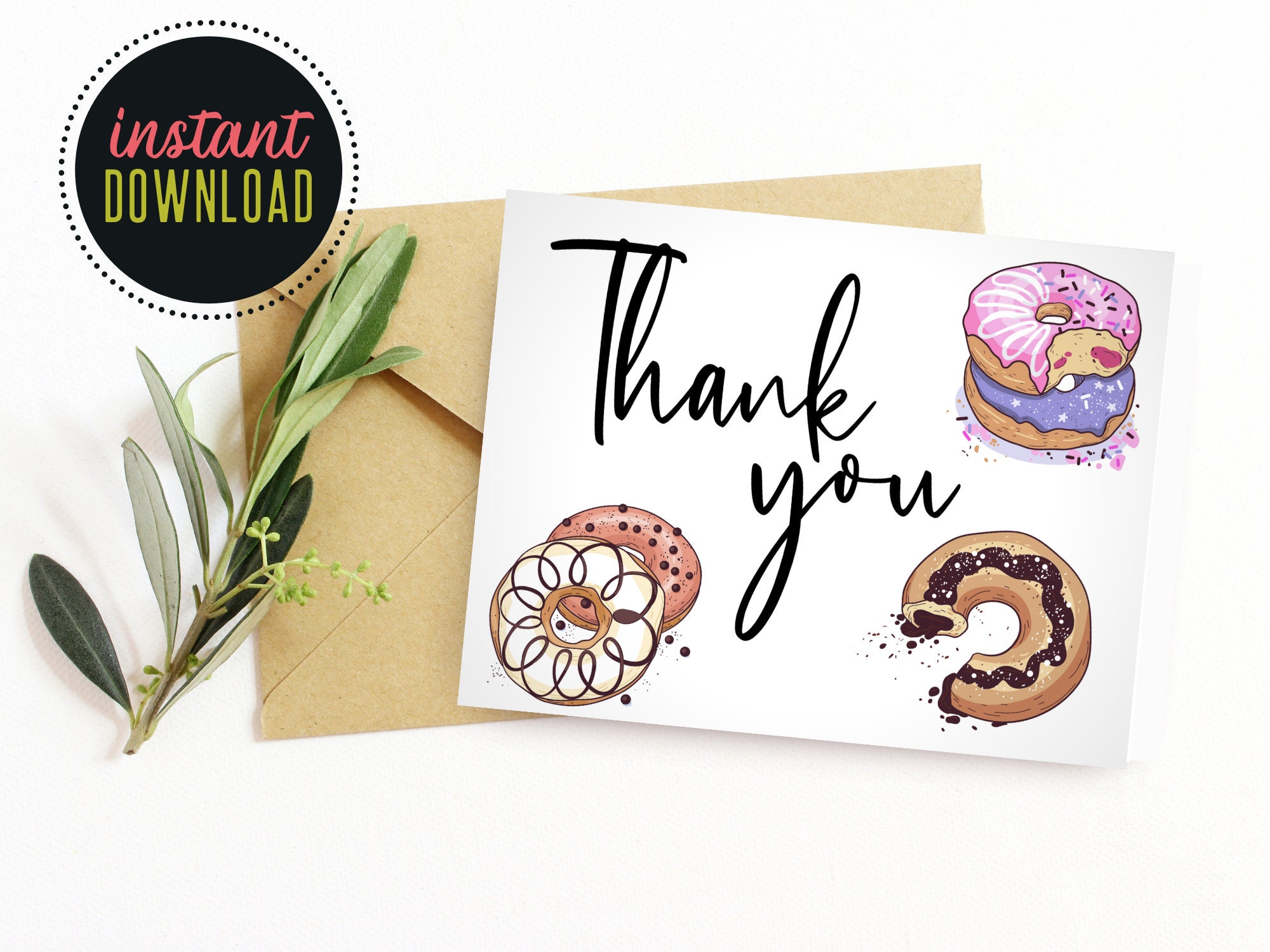 Printable Cute Donut Thank You Card, INSTANT DOWNLOAD, Blank A2 Folded ...