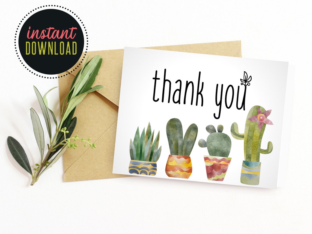 Printable Cactus Thank You Card, INSTANT DOWNLOAD, A2 Folded Greeting ...