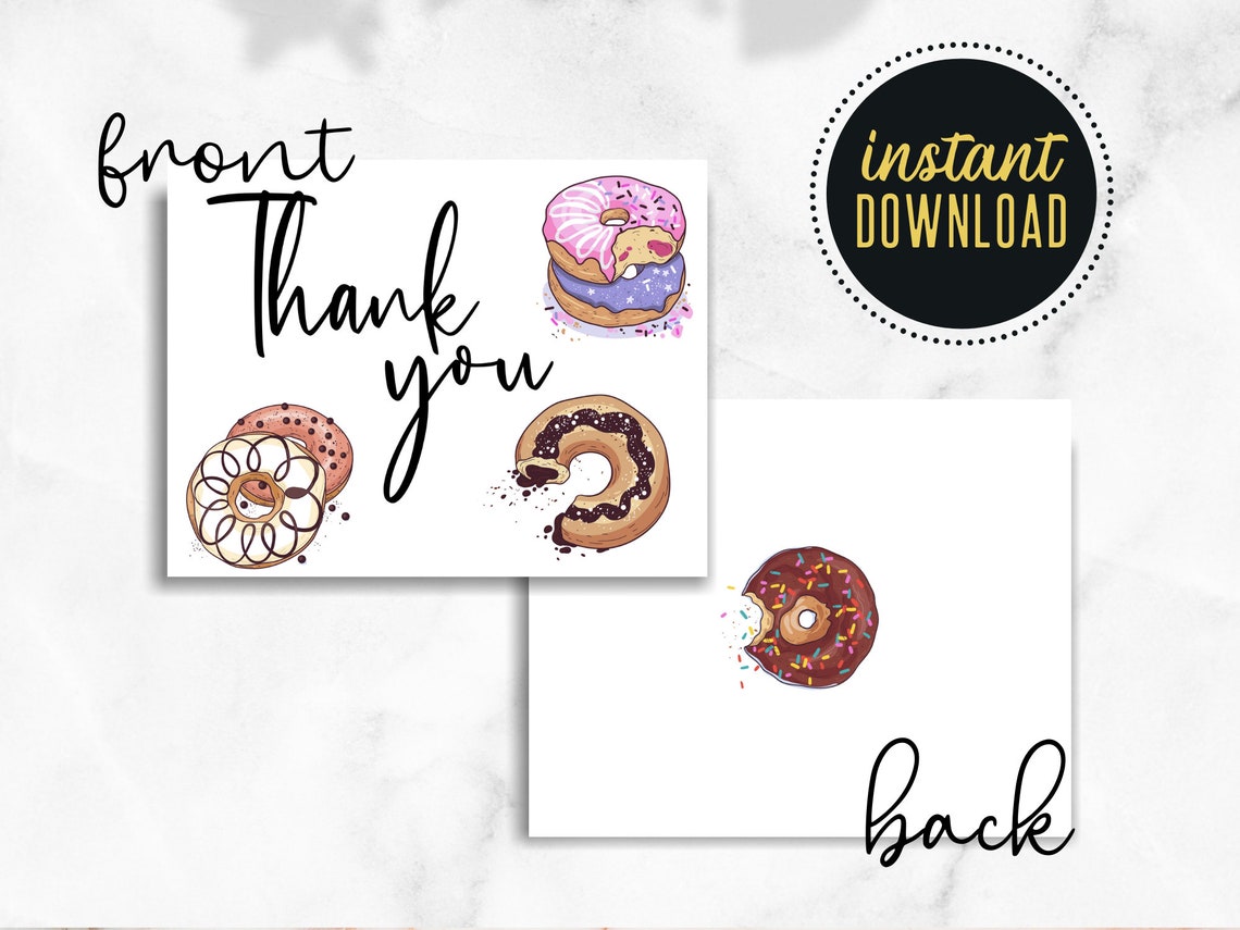 Printable Cute Donut Thank You Card, INSTANT DOWNLOAD, Blank A2 Folded ...