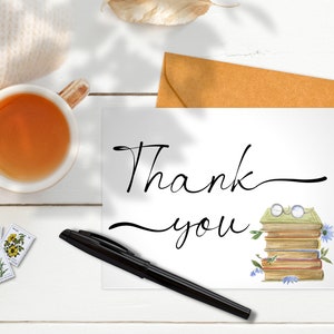 Printable Watercolor Book Thank You Card, Printable Book Greeting Card ...