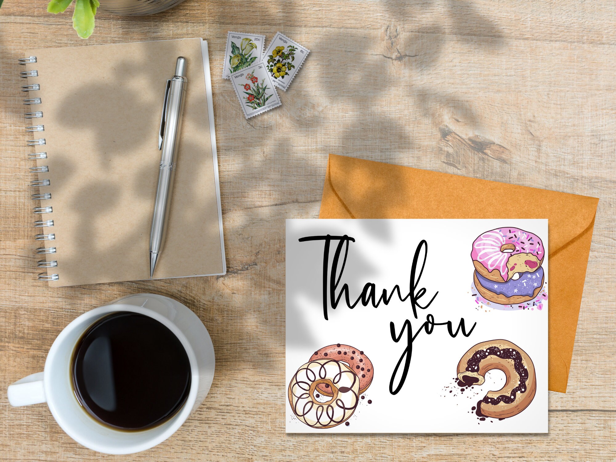 Printable Cute Donut Thank You Card, INSTANT DOWNLOAD, Blank A2 Folded ...