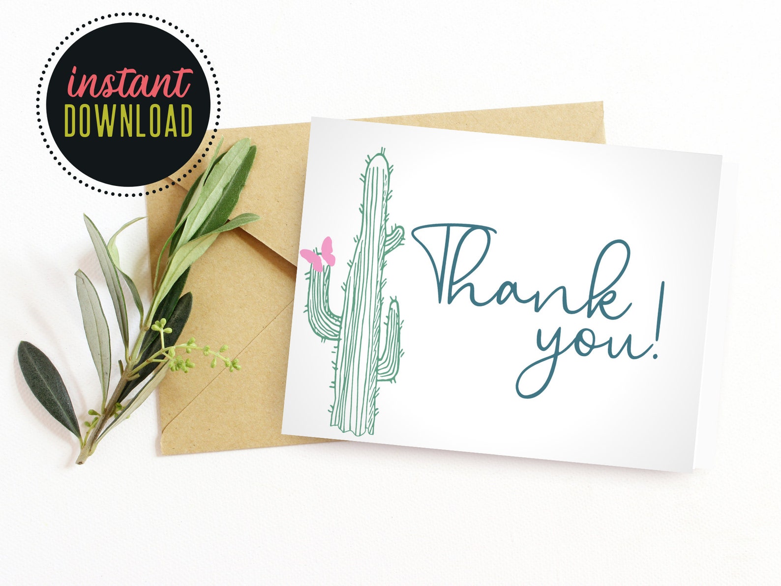 Printable Cactus Thank You Card, INSTANT DOWNLOAD, A2 Folded Greeting ...