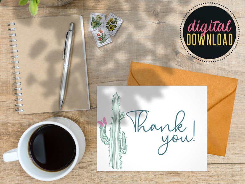 Printable Cactus Thank You Card, INSTANT DOWNLOAD, A2 Folded Greeting ...