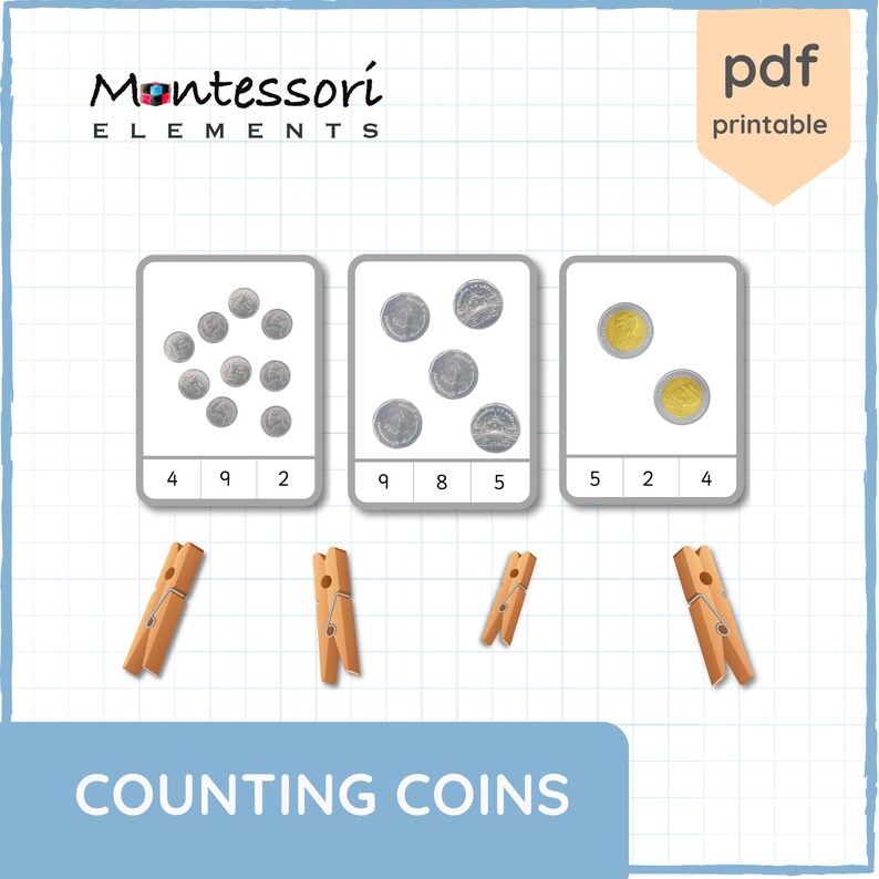 COUNTING COINS Clip Cards, Montessori Maths, Number Cards, Learning ...