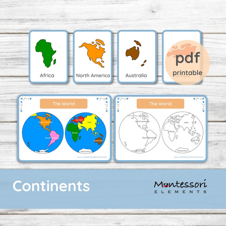 CONTINENTS Montessori Cards, Three Part Cards, Nomenclature Cards ...