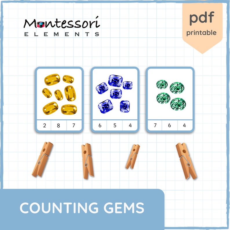 COUNTING GEMS Clip Cards, Montessori Maths, Number Cards, Learning ...