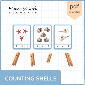 COUNTING SHELLS Clip Cards, Montessori Maths, Number Cards, Learning ...