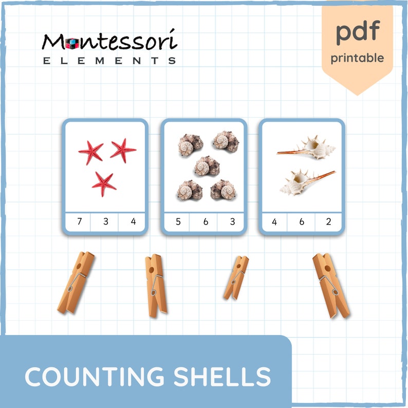 COUNTING SHELLS Clip Cards, Montessori Maths, Number Cards, Learning ...