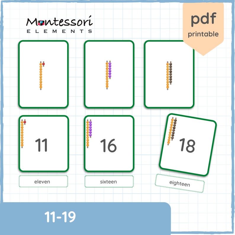 Montessori Maths - 11-19 Cards, Sequin Board, Montessori Prints, Golden ...