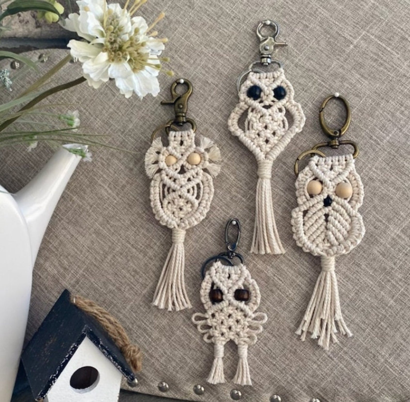 Handmade Macrame Owl Keychains/purse or Backpack Charms/car Mirror ...
