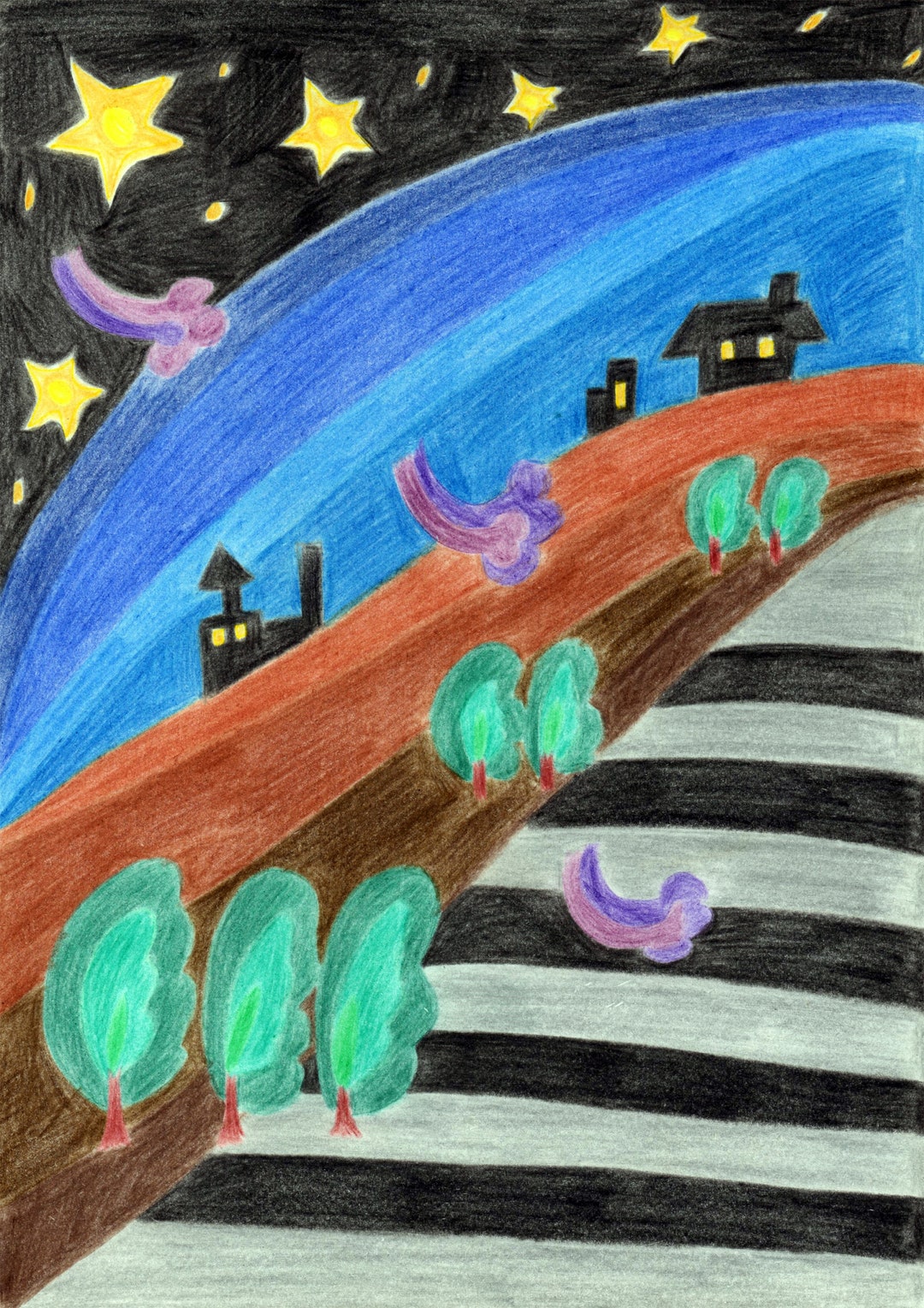 Wall Art Night Scene Simplified Night Scenery House Street Stars Night ...