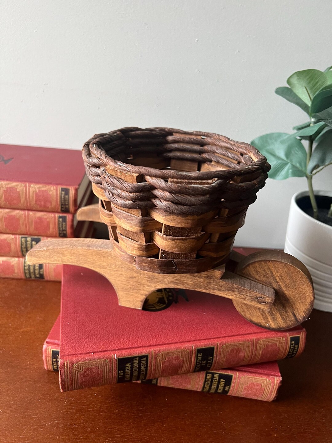 Vintage Handmade Wooden Wheelbarrow Basket | 10x5x6" | Sturdy Primitive ...