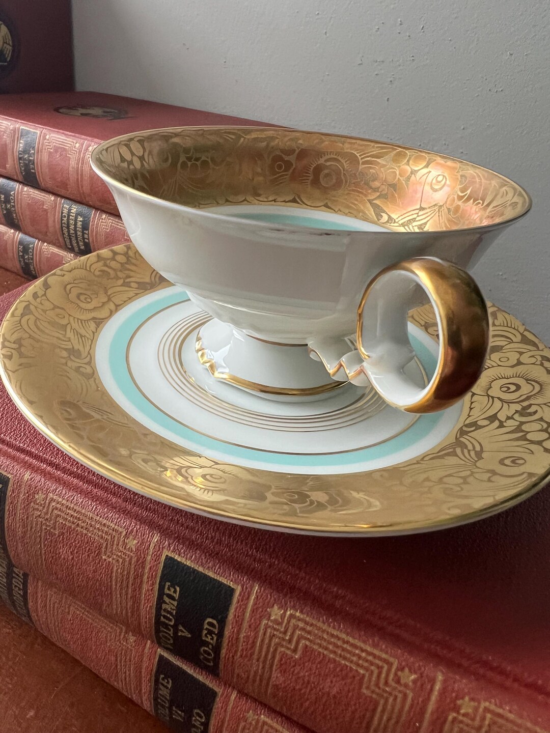 Vintage Weimar Porzellan Tea Cup and Saucer | White With Gold & Blue ...