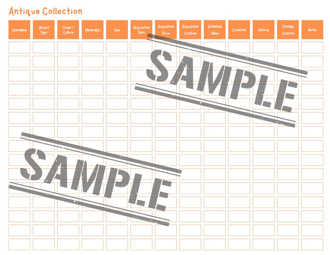 Antique Inventory Spreadsheet and Printable | Collection Tracker ...