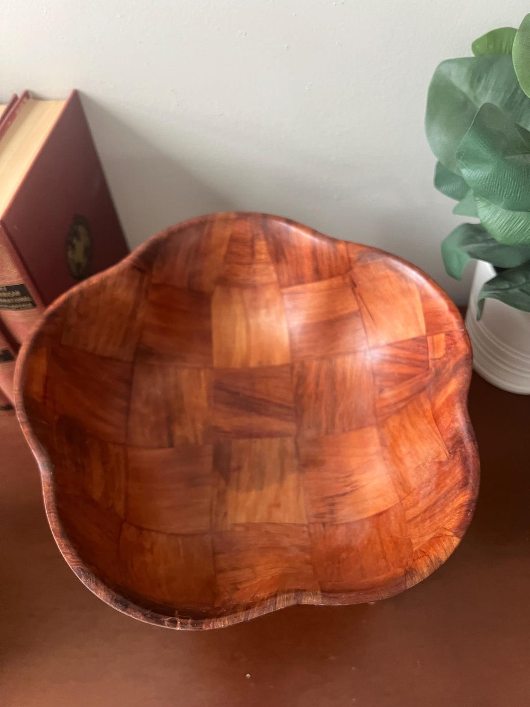 Vintage Flower-shaped 1970s Pressed Wood Woven Parquet Salad Bowl ...
