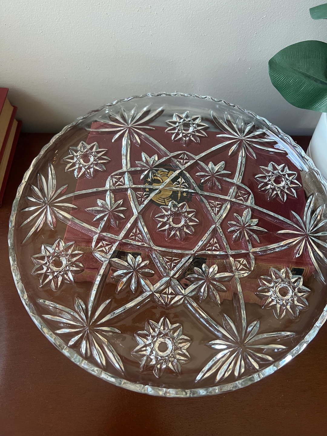 Vintage Heavy Round Glass Serving Plate With Etched Flowers and Stars ...