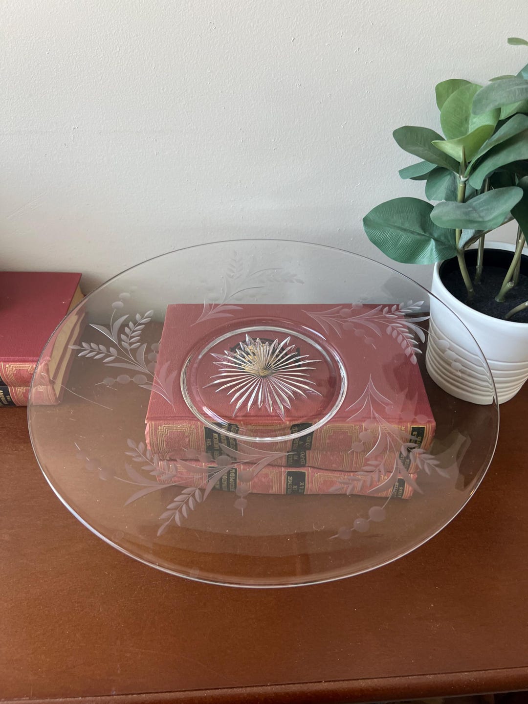 Vintage Large Round Glass Serving Plate | 14-inch Etched Berries ...