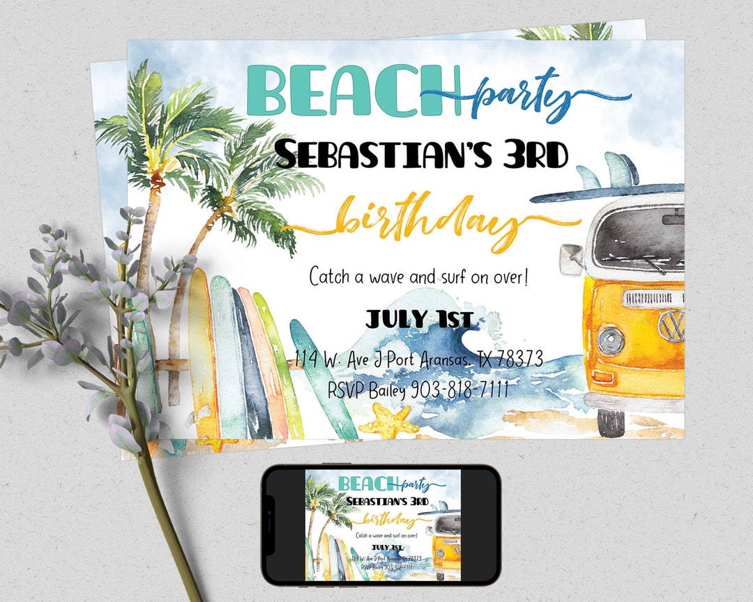 Beach Party Surf Birthday Invitation Printable Birthday - Etsy