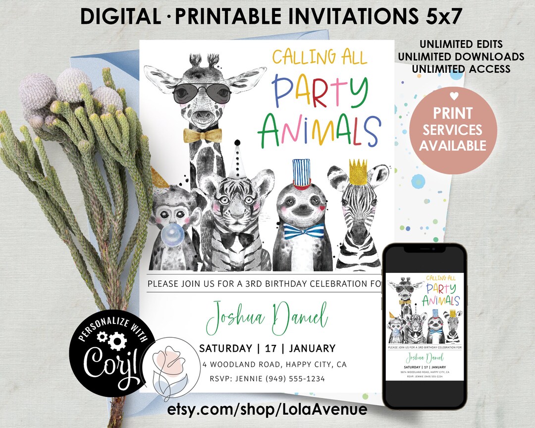 Party Animals Birthday Invitation Editable Boys Party Invitation Animal ...
