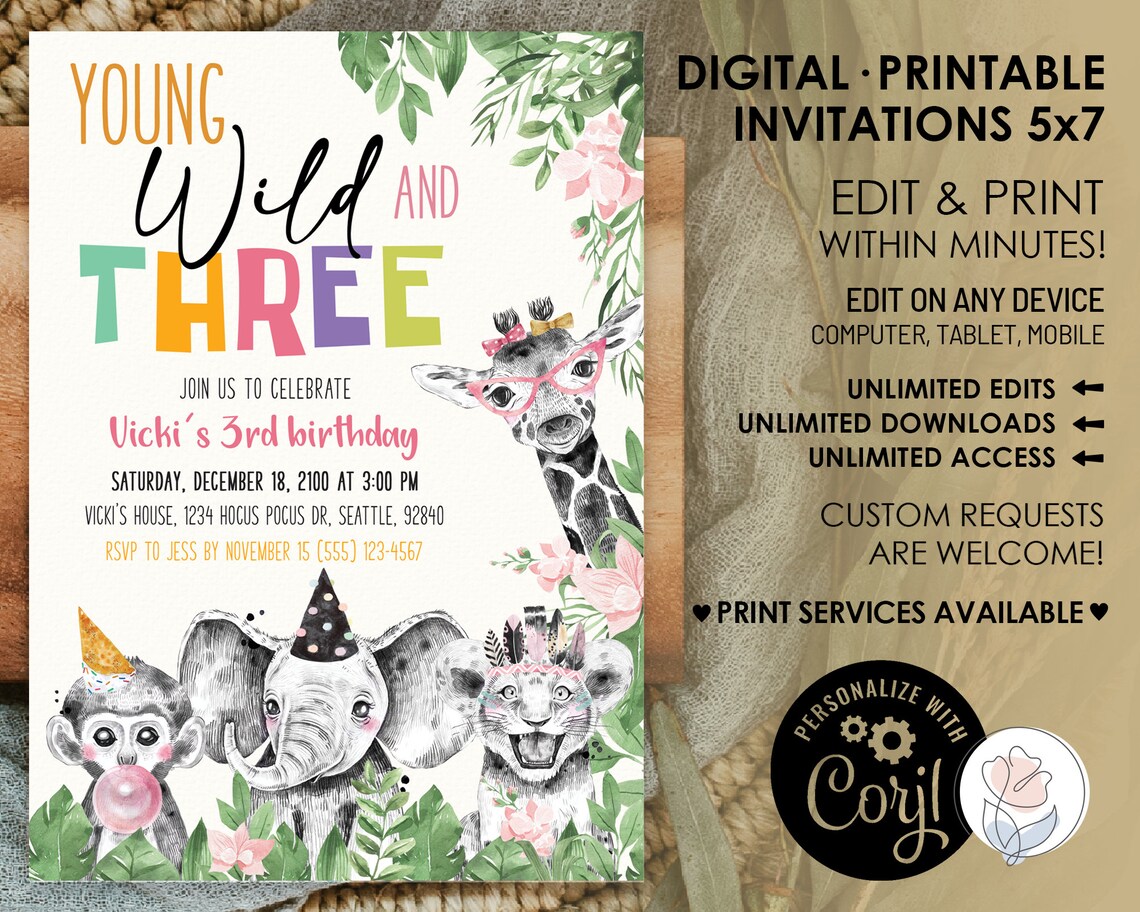 Young Wild and Three Birthday Invitation Wild Party Animals Editable ...