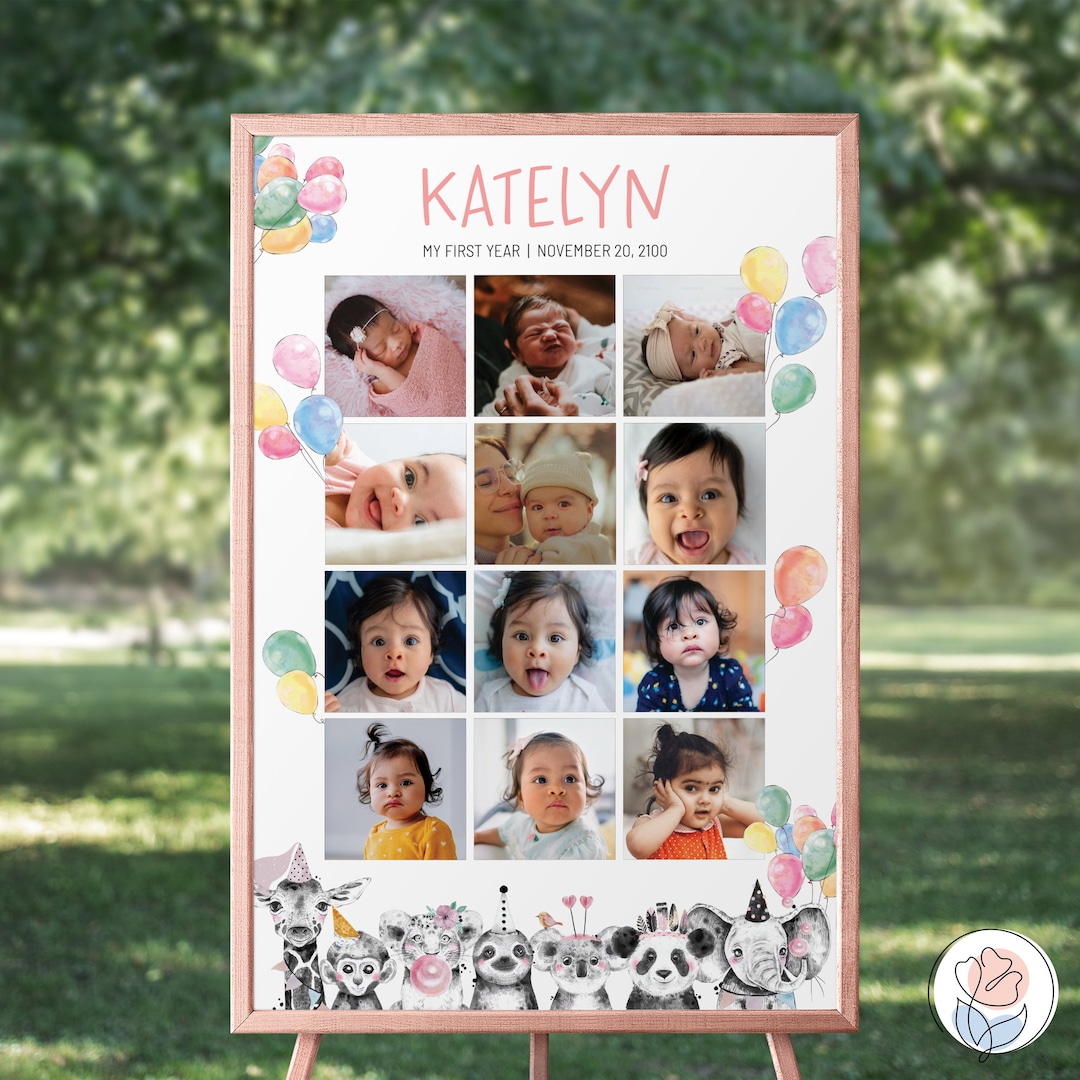 Party Animals Girl One Year Photo Sign Frame Printable 1st Birthday ...