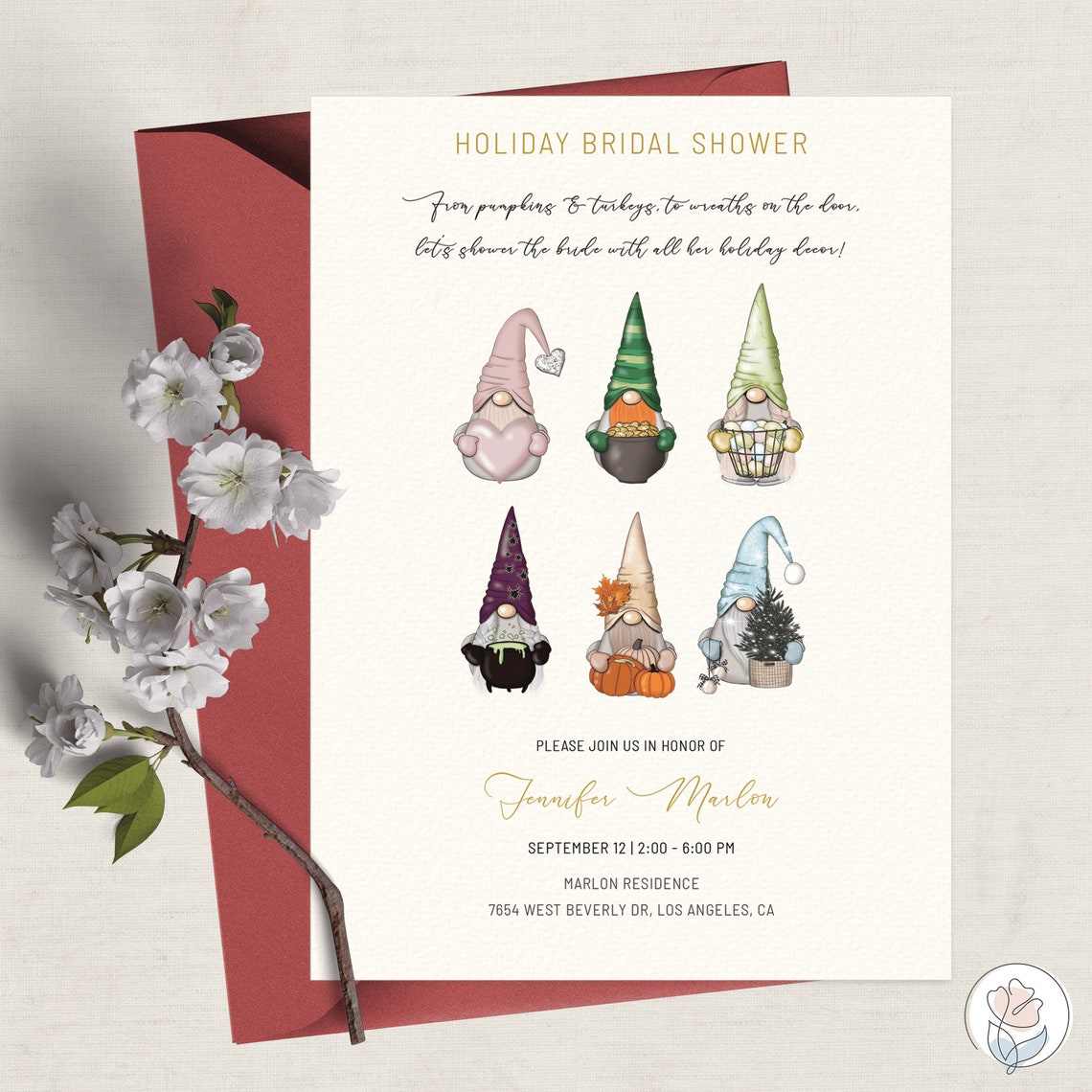 Holiday Bridal Shower Gnomes Printable Invitation, Digital Download ...