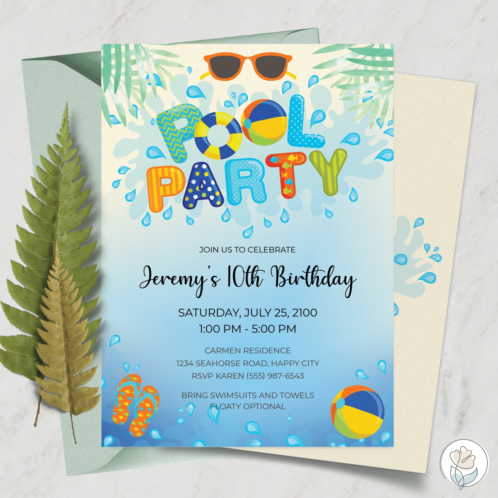 Pool Party Birthday Invitation, Printable Birthday Invitation, Digital ...