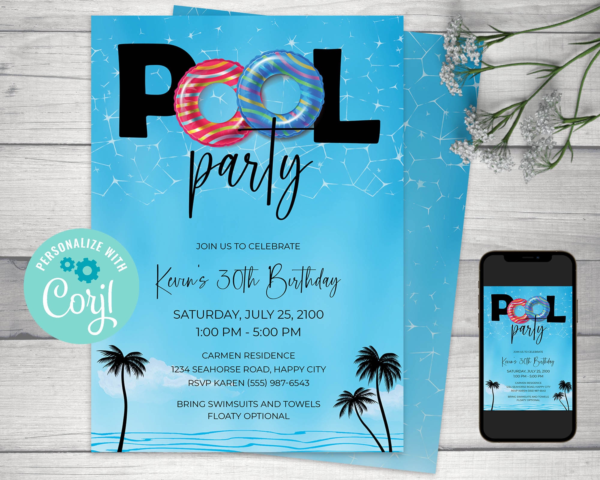 Pool Party Printable Birthday Invitation, Summer Water Floaty Digital ...