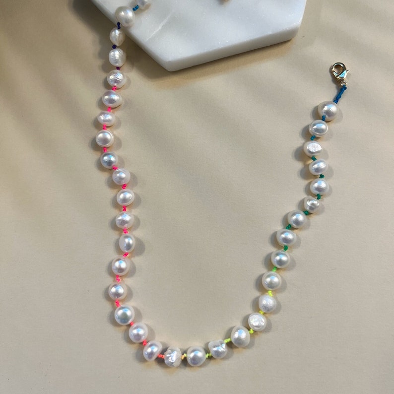 Hand Knotted Freshwater Pearl Rainbow Necklace, Handmade Neon Color ...