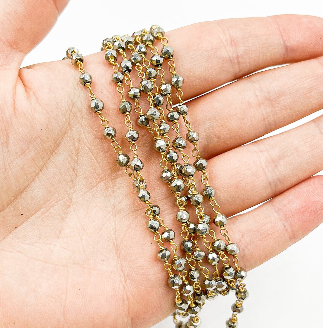 Gold Plated Pyrite Rosary Chain by Foot, Crystal Gold Beaded Chain Bulk ...