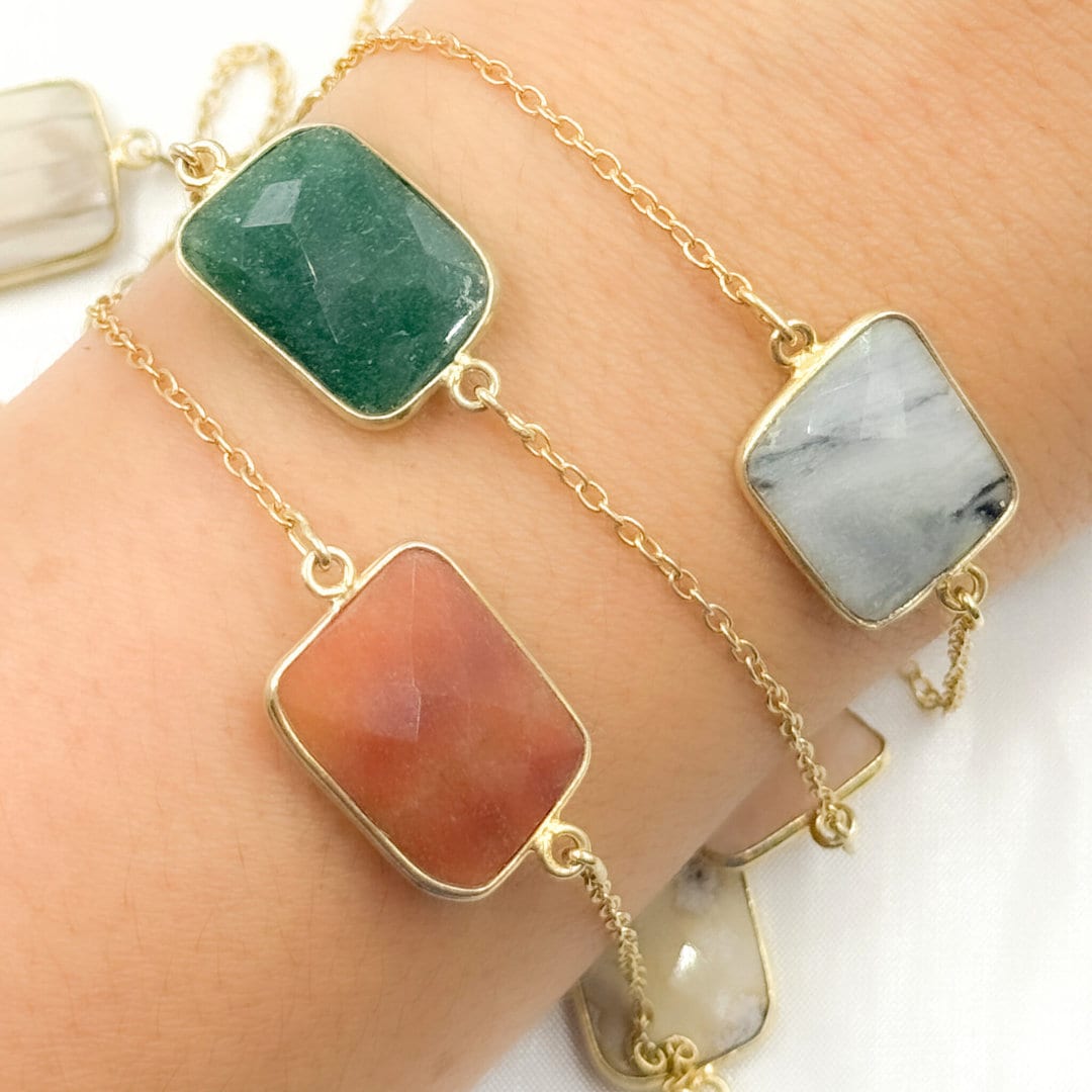 Multi Agate Rectangular Shape Bezel Gold Plated Silver Wire Chain ...
