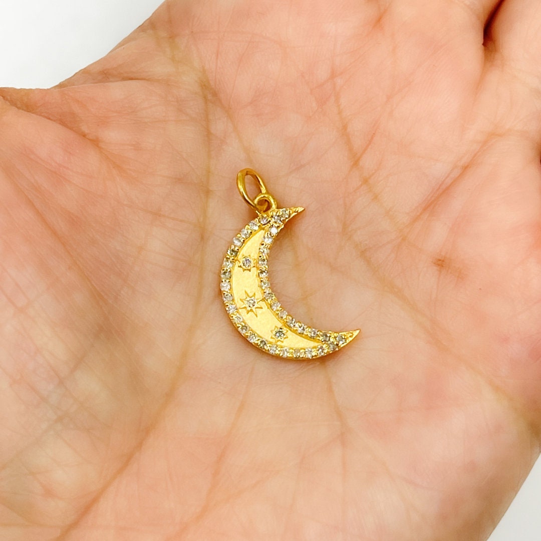 14K Solid Gold With Diamonds Moon Shape Charm 18x10mm. Crescent Moon ...