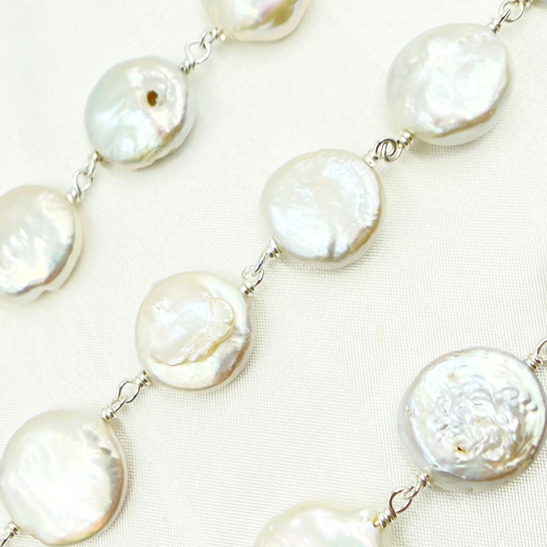 Coin Shape Freshwater Pearl Wire Wrap Chain Made With 925 Sterling ...