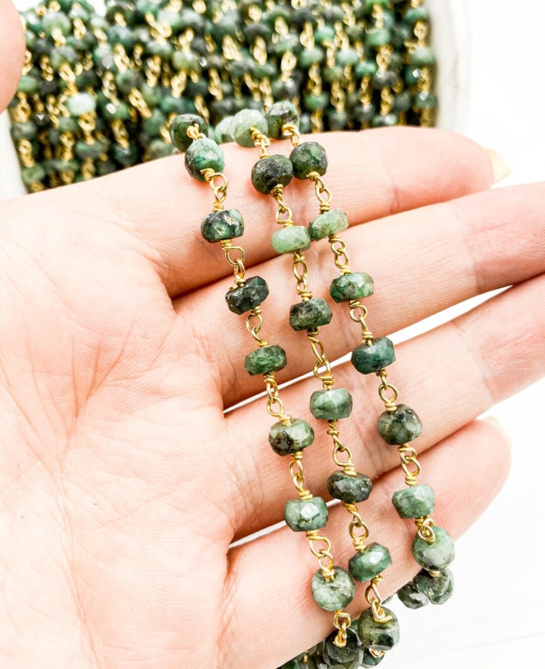 Unfinished Emerald Gold Chain, Emerald Gold Rosary Chain, 925 Silver ...
