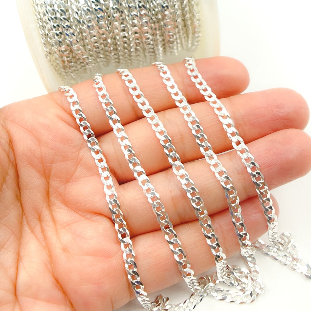 925 Sterling Silver Flat Curb Chain by Foot, Unfinished Silver Necklace ...