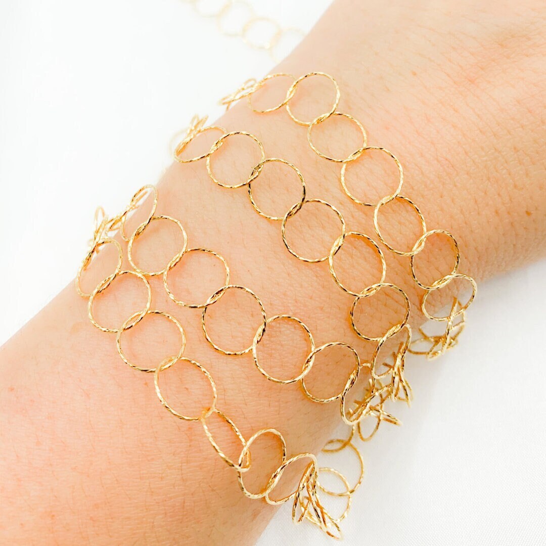 Gold Plated 925 Sterling Silver Hammered Round Link Chain, Circle Chain ...