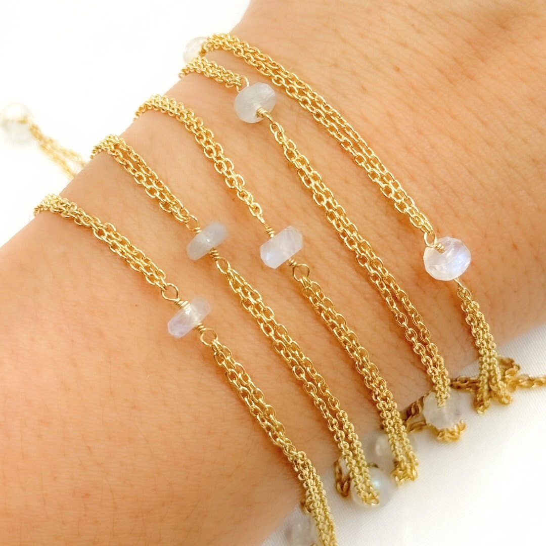 White Moonstone Organic Shape Bezel Wire Wrap Chain Made With Gold ...