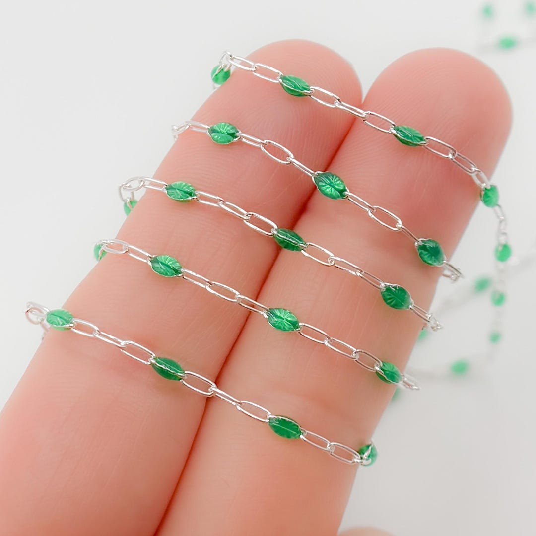 2x1mm Sterling Silver Green Color Enamel Cable Chain, Dainty Enamel ...